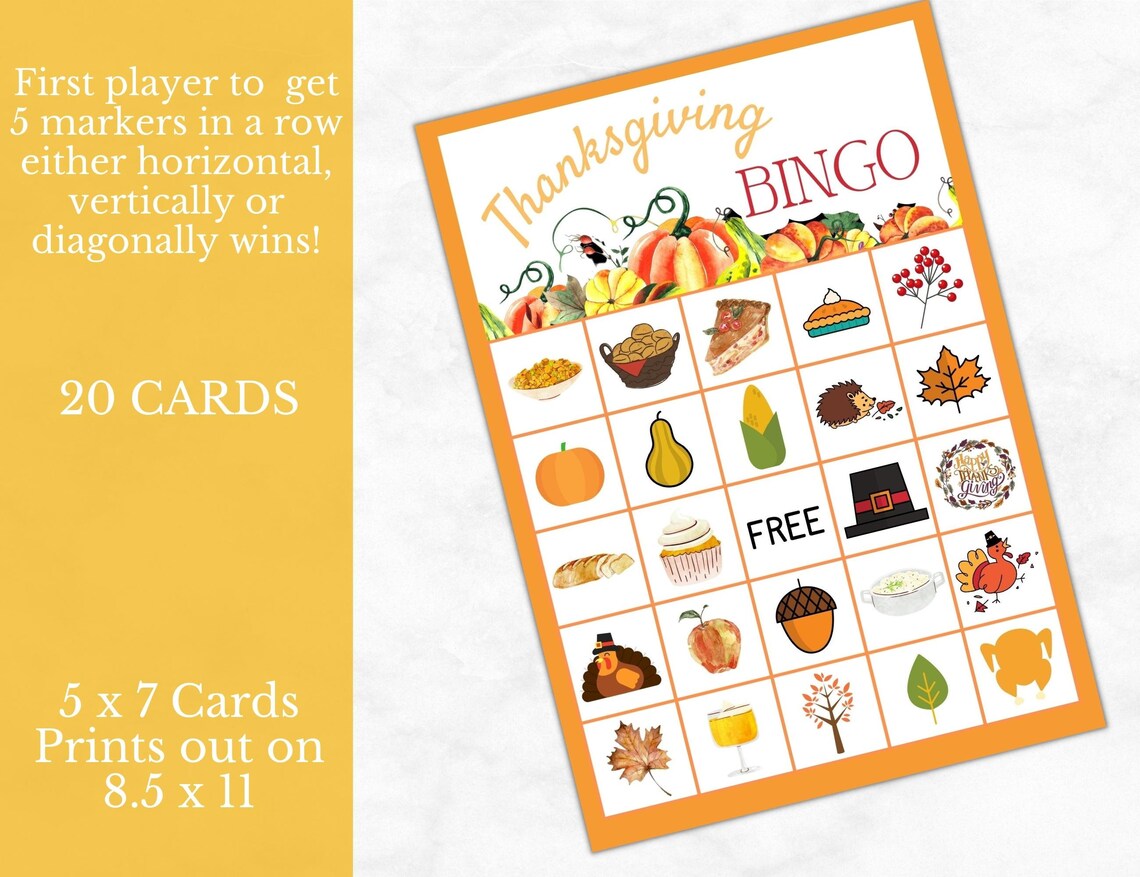 Thanksgiving Bingo Game Printable 20 Bingo Cards - Etsy