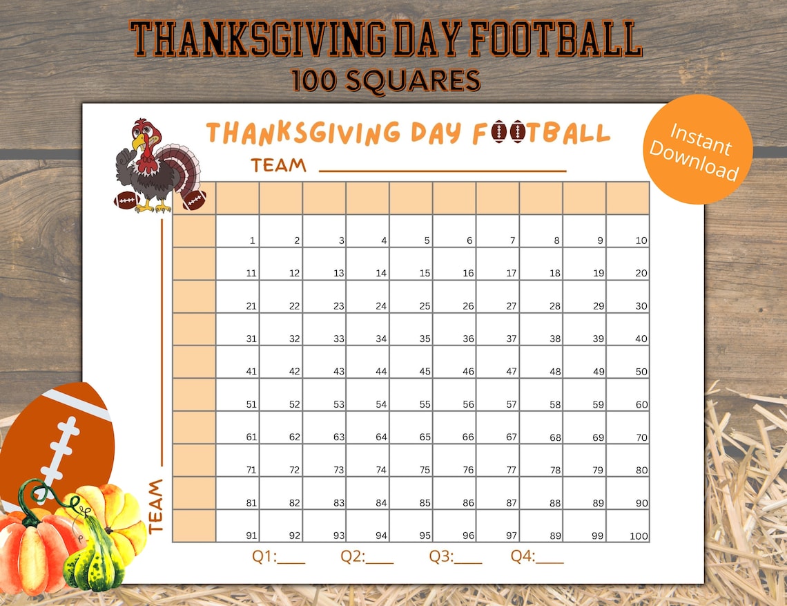 Thanksgiving Football 100 Squares Printable Game, Football Pool for ...