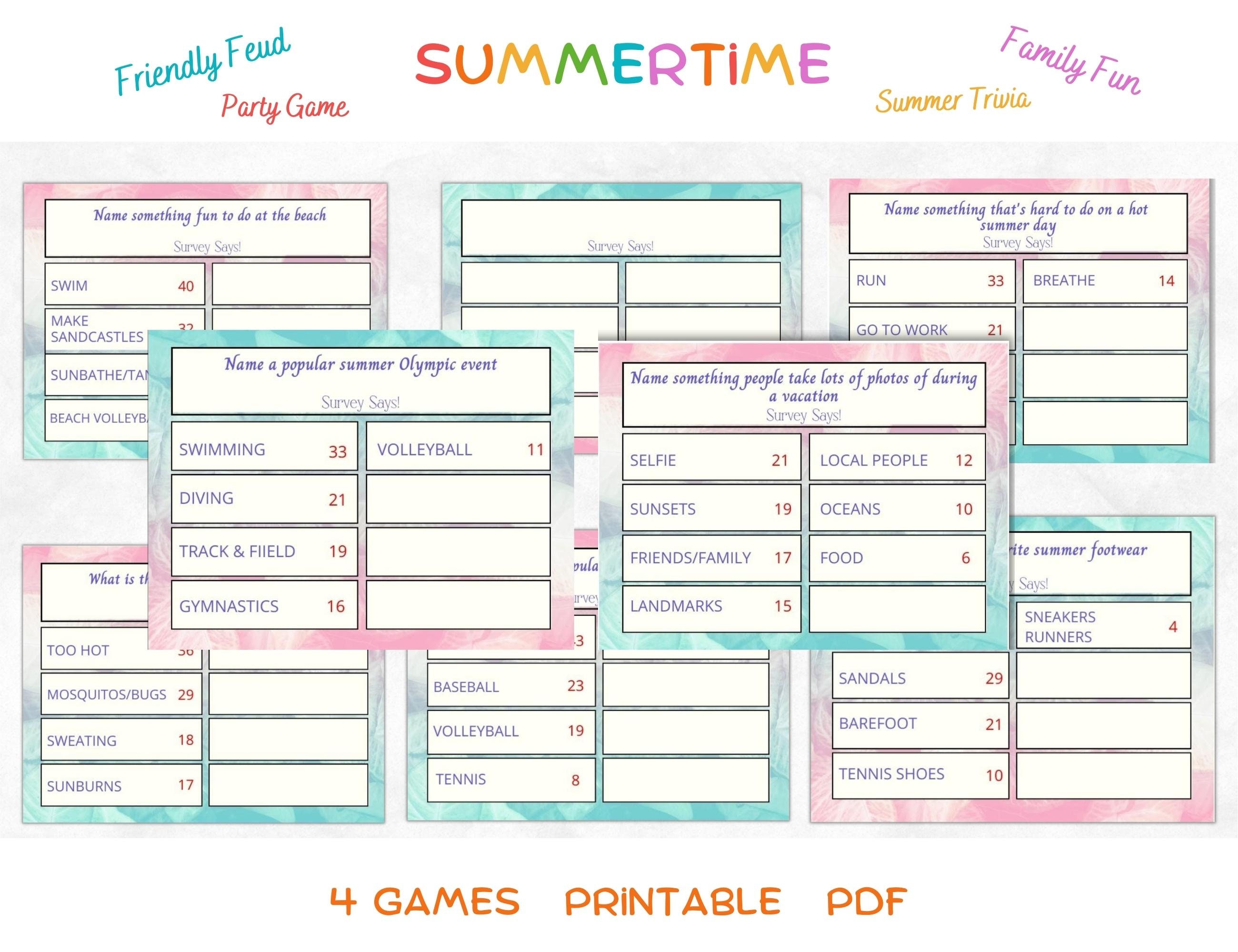 Summer Friendly Feud Game Printable Family Feud Trivia Game Summer ...