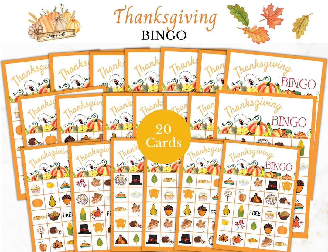Thanksgiving Bingo Game Printable 20 Bingo Cards - Etsy