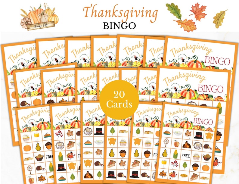 Thanksgiving Bingo Game Printable 20 Bingo Cards - Etsy