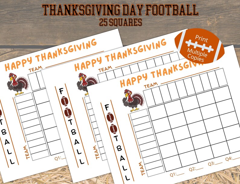 Thanksgiving Football 25 Squares Game, Thanksgiving Football Pool ...