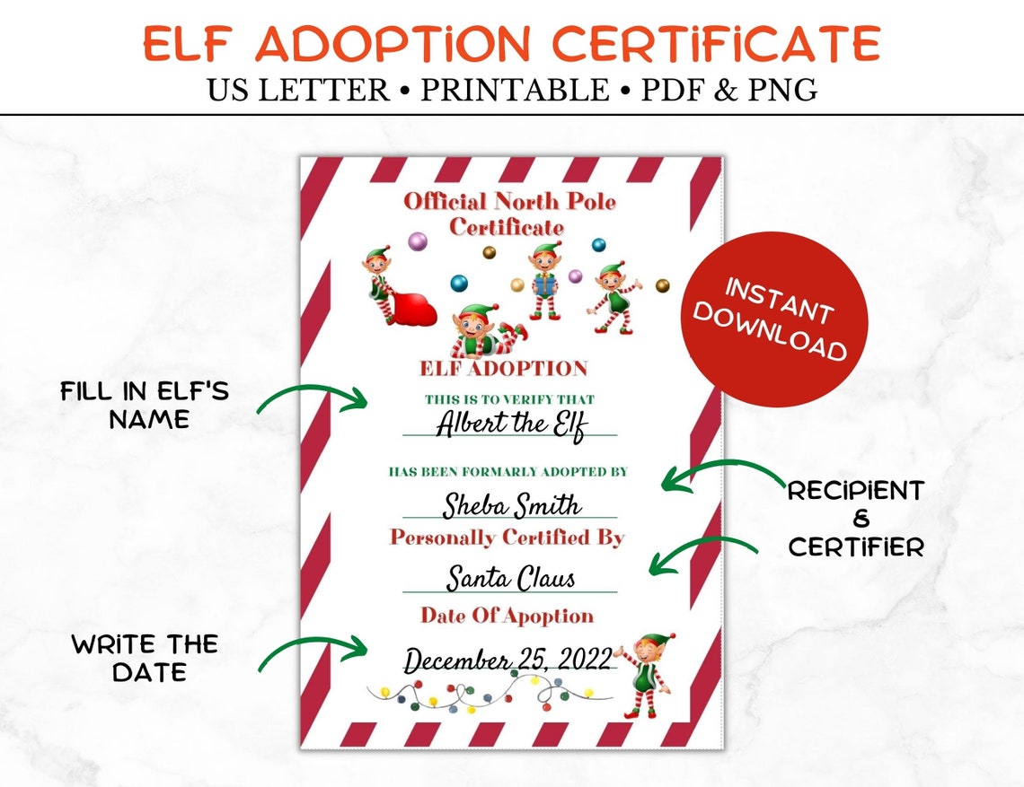 Elf Adoption Certificate, Elf Printable Adoption Certificate, Adopt an ...