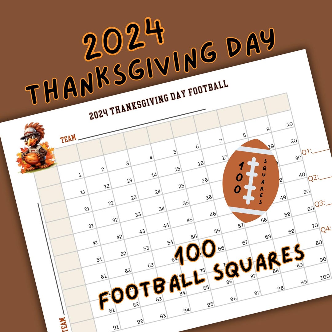 Thanksgiving Football 100 Squares Printable, Football Squares, 100 ...