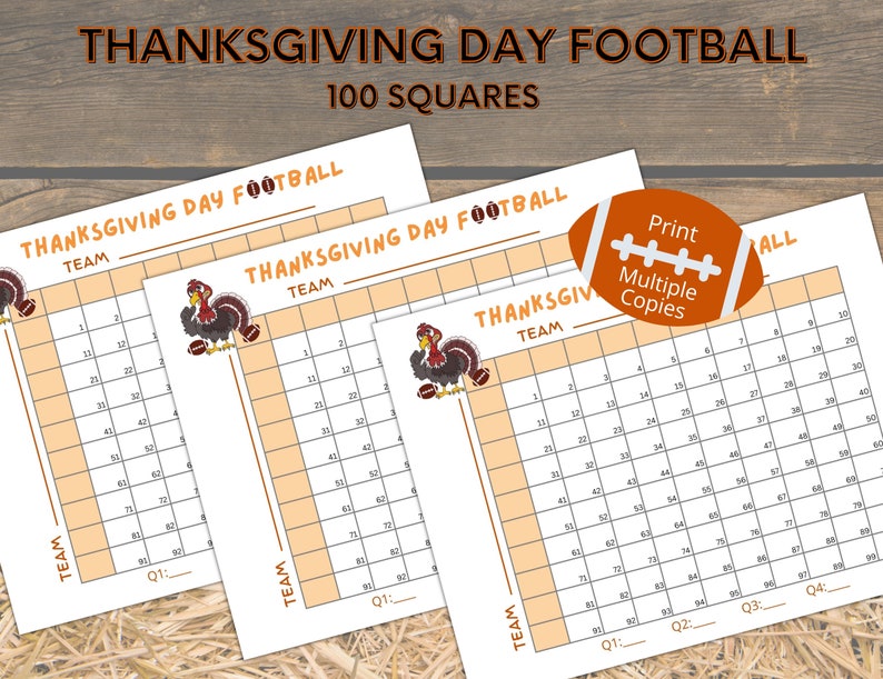 Thanksgiving Football 100 Squares Printable Game, Football Pool for ...