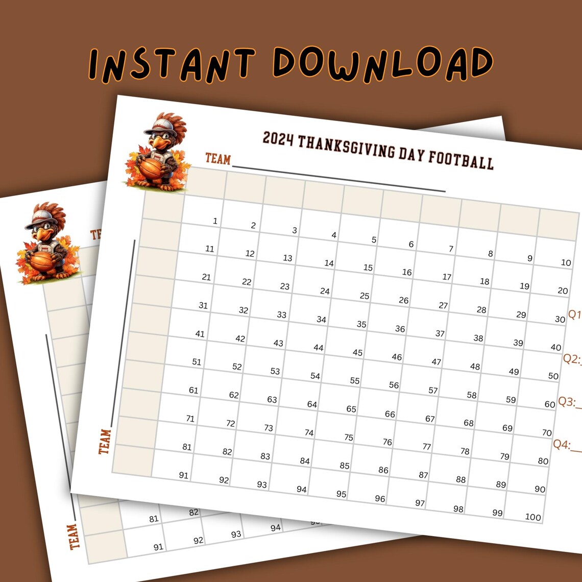 Thanksgiving Football 100 Squares Printable, Football Squares, 100 ...
