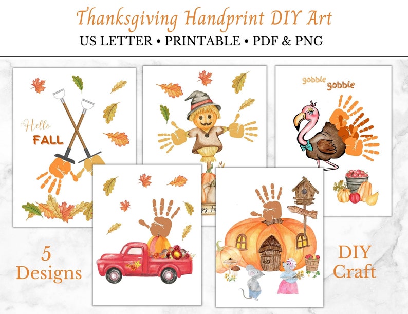 Thanksgiving Handprint DIY Art, 5 Designs Fall Handprint Craft for ...
