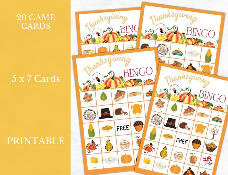 Thanksgiving Bingo Game Printable 20 Bingo Cards - Etsy