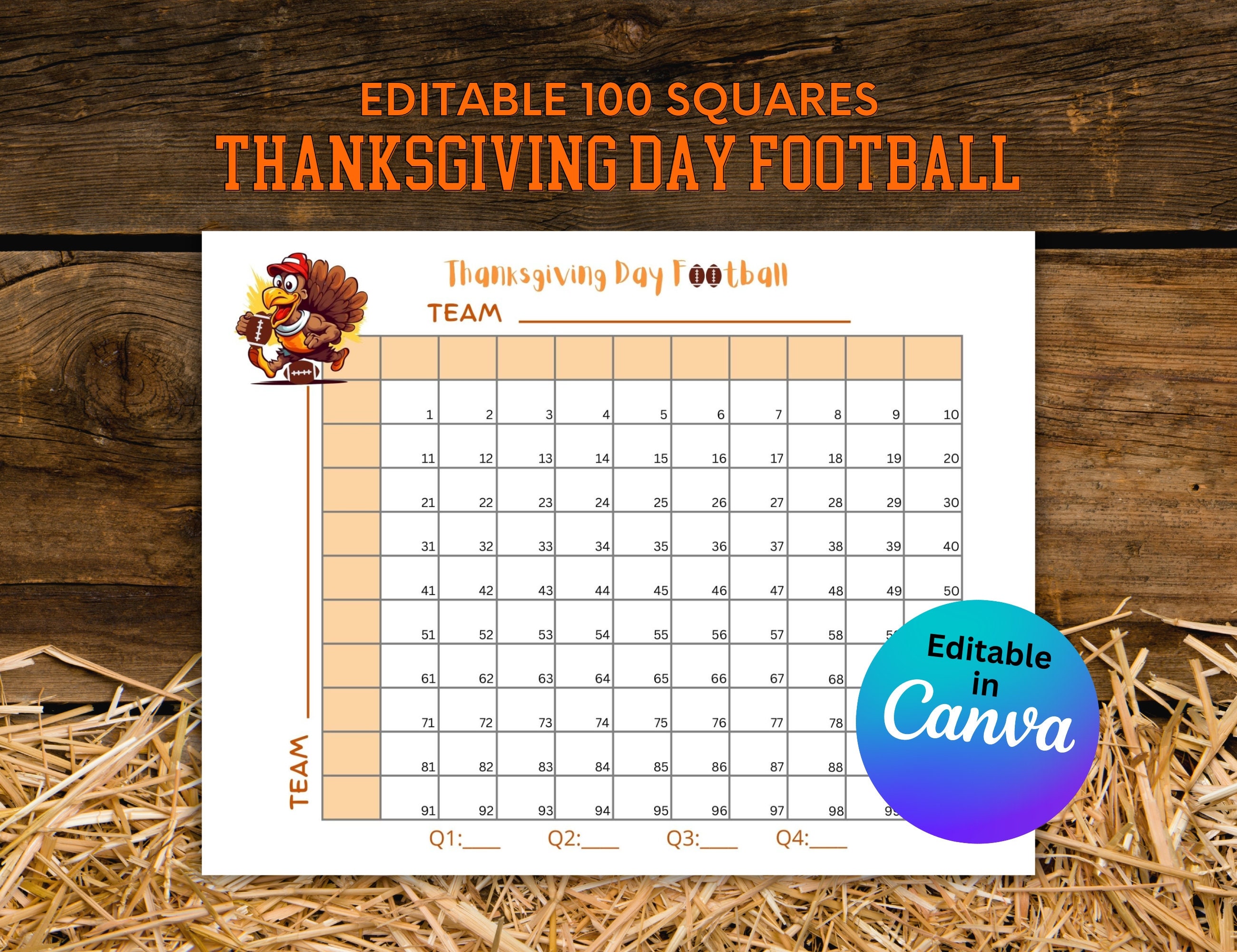 Canva Editable Thanksgiving Football 100 Squares Printable Game ...