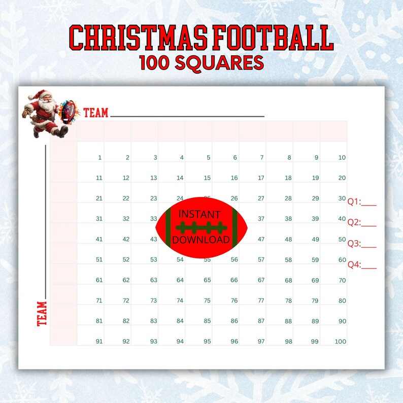 Christmas Football 100 Squares Printable Game, Football Pool for ...