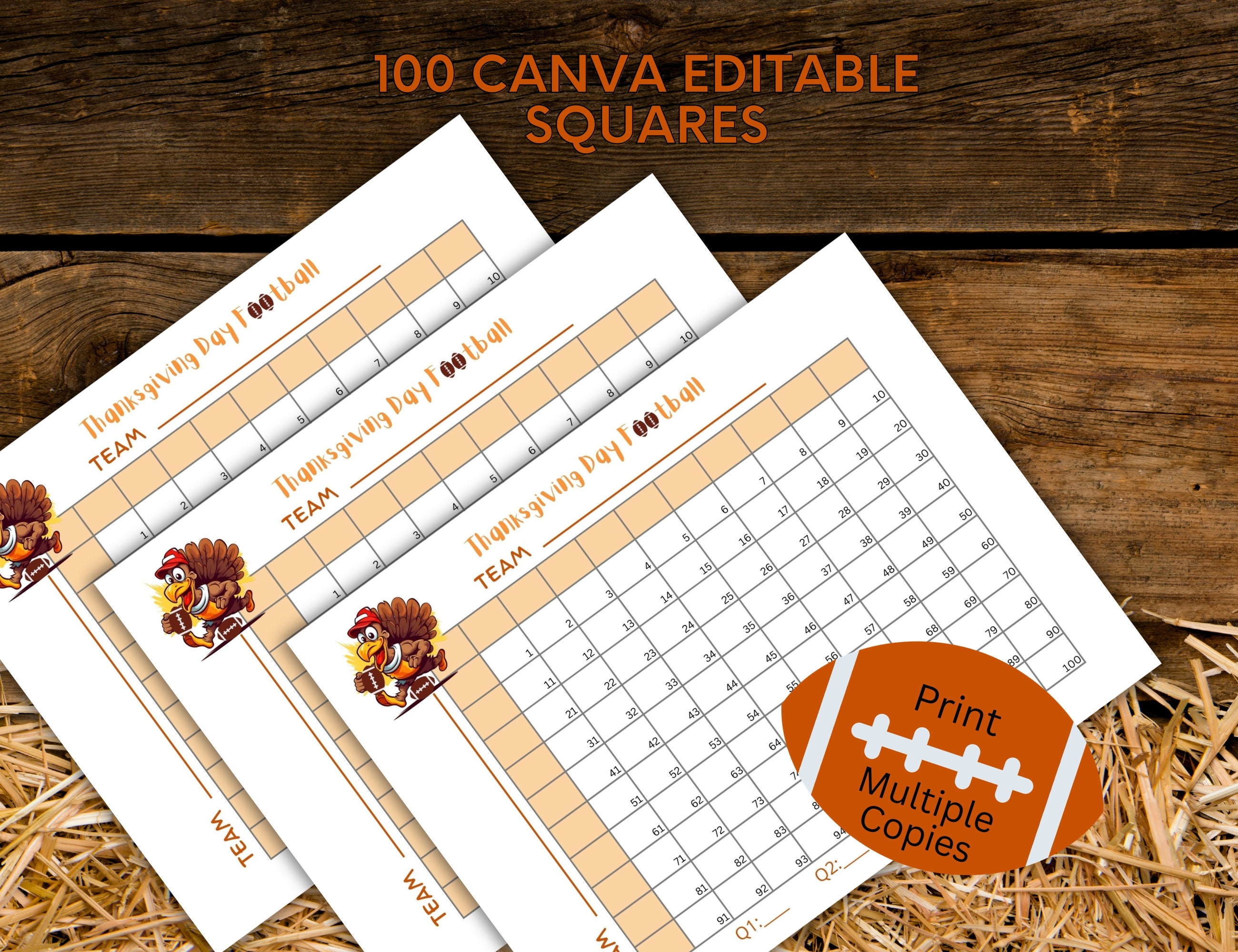 Canva Editable Thanksgiving Football 100 Squares Printable Game ...
