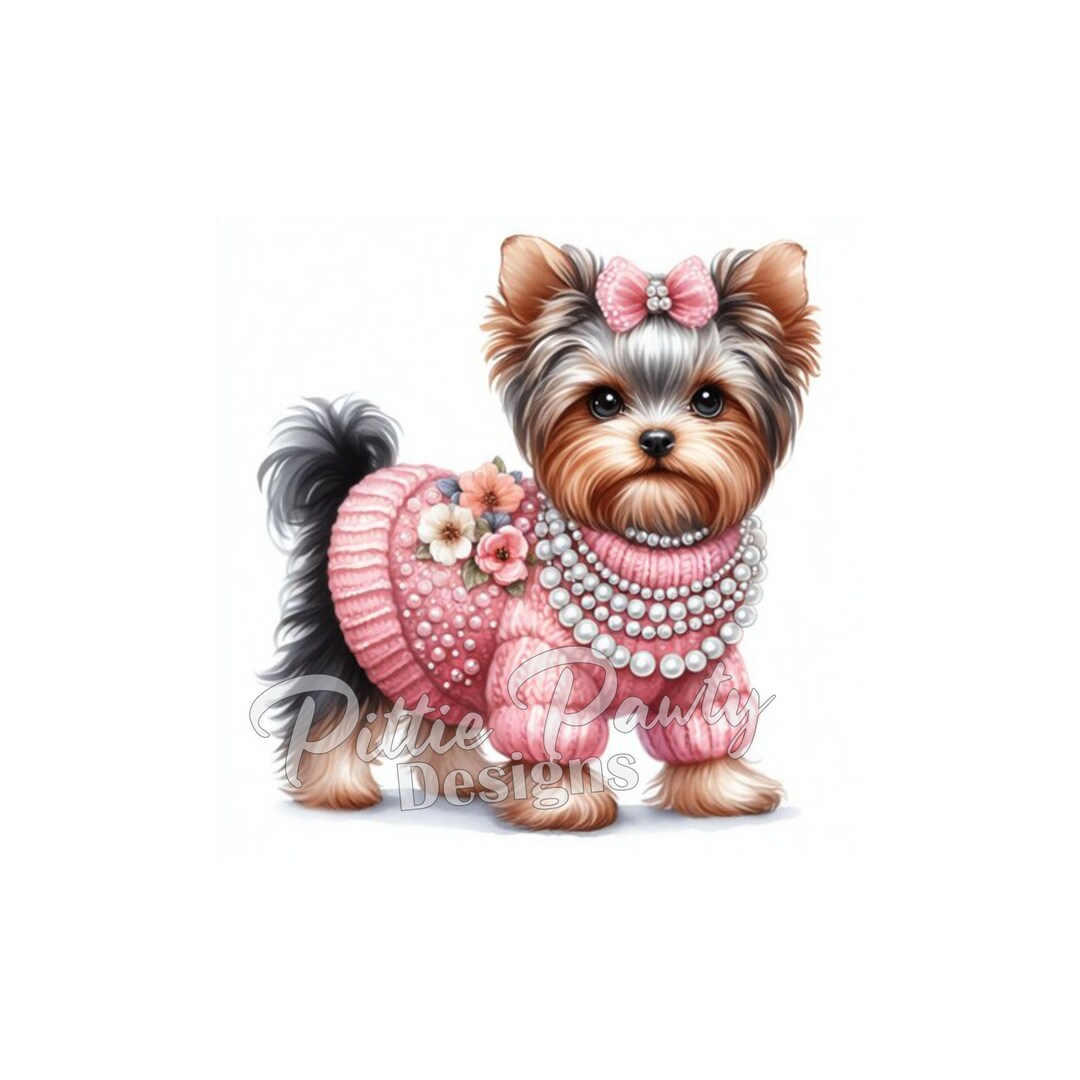 PNG Digital Download Pink Sweater and Pearls Yorkie Dog Yorkshire ...