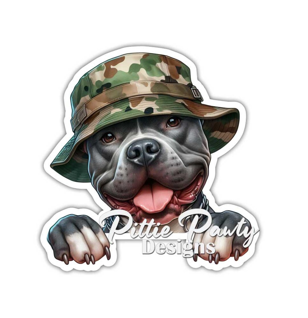 Pitbull Sticker - Peeking Pitbull Dog in Camo Bucket Hat Sticker ...