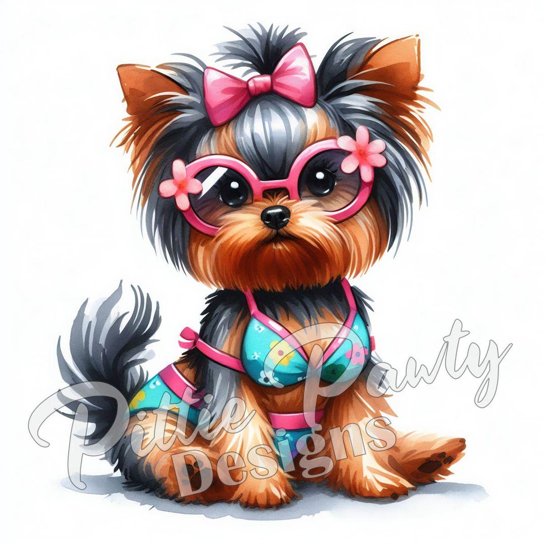 Yorkie PNG Digital Download - Watercolor Yorkie Girl in a Bikini ...