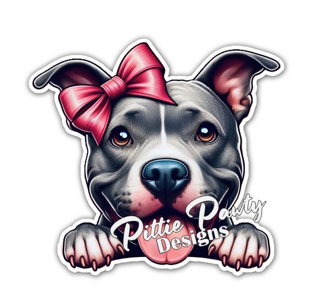 Pitbull Sticker - Peeking Gray Pitbull W/ Pink Bow Decal Sticker ...