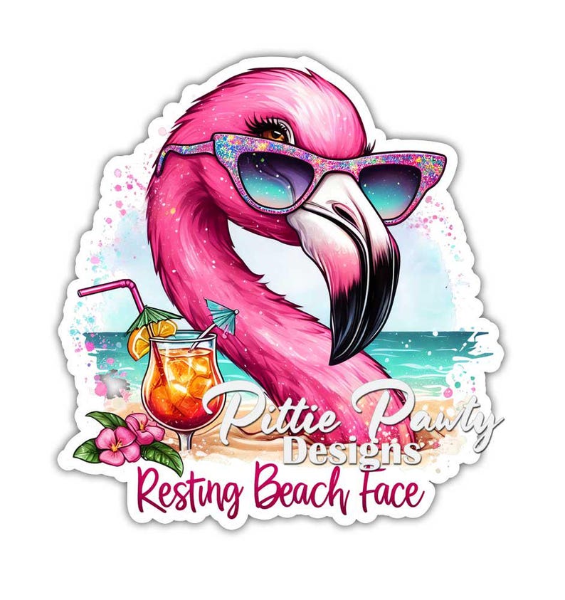 Flamingo Sticker - Resting Beach Face Flamingo Bird Decal Sticker ...
