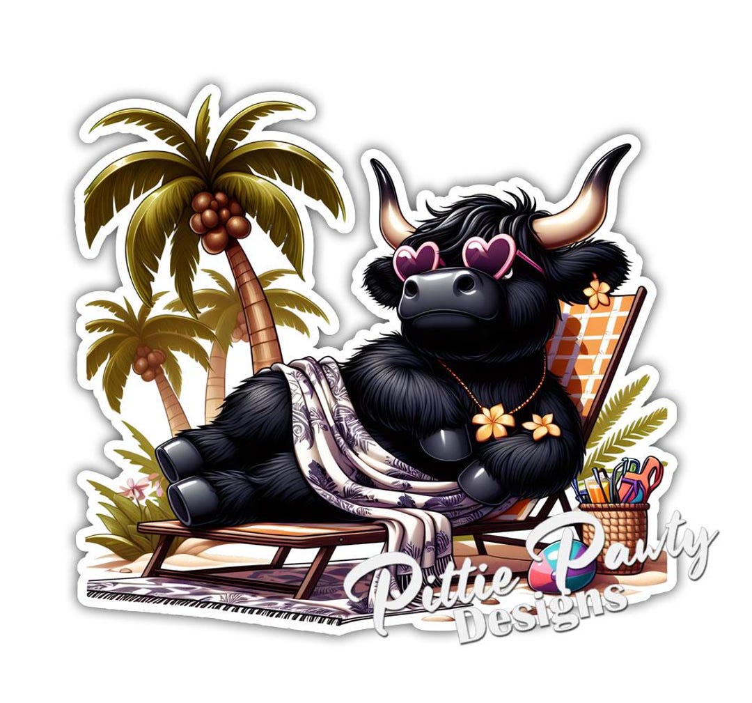 Highland Cow Sticker - Sexy Black Highland Cow on Vacation Decal ...