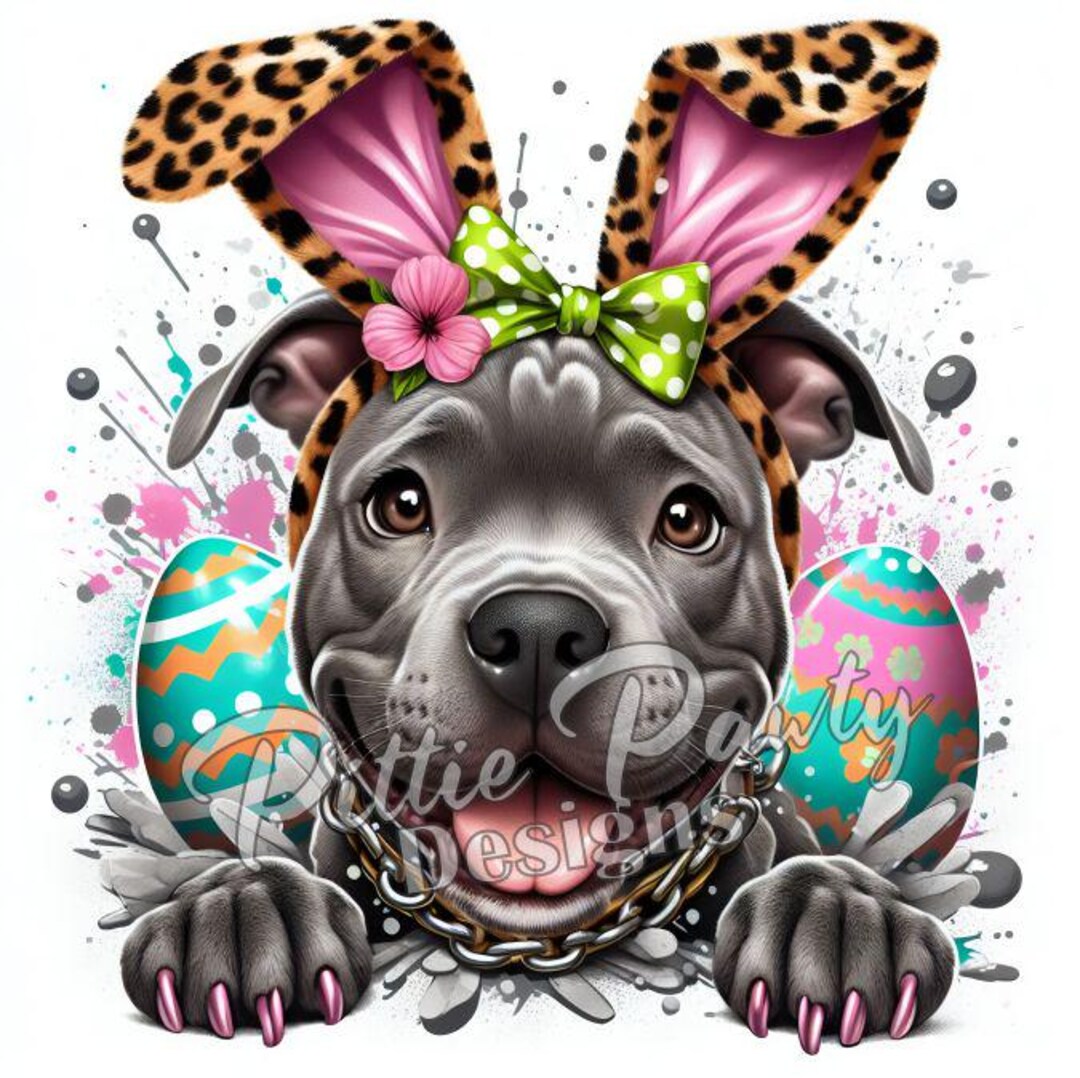 Pitbull PNG - Gray Pitbull W/ Leopard Bunny Ears - Easter PNG ...