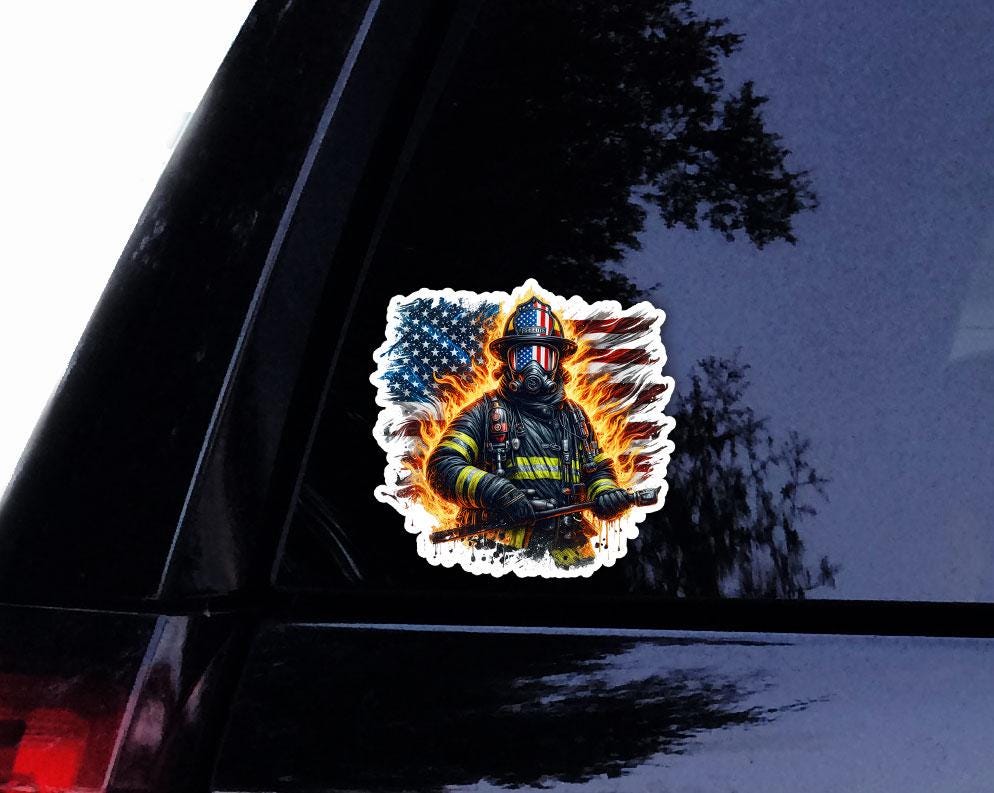 Firefighter Sticker - American Flames Firefighter Decal Sticker - Vinyl ...