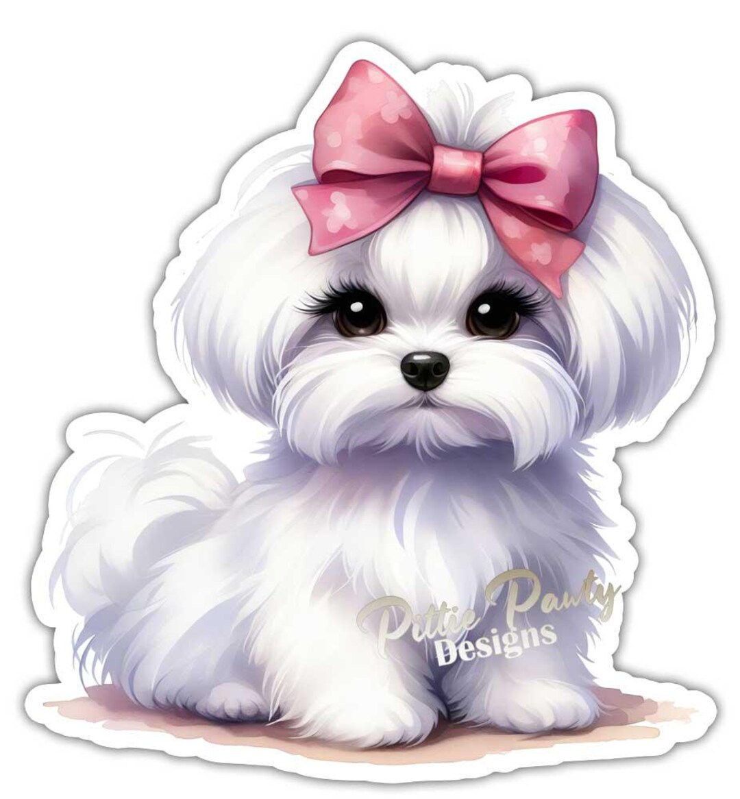 Maltese Sticker - Cute Fluff Maltese Dog Pink Bow Decal Sticker - Vinyl ...