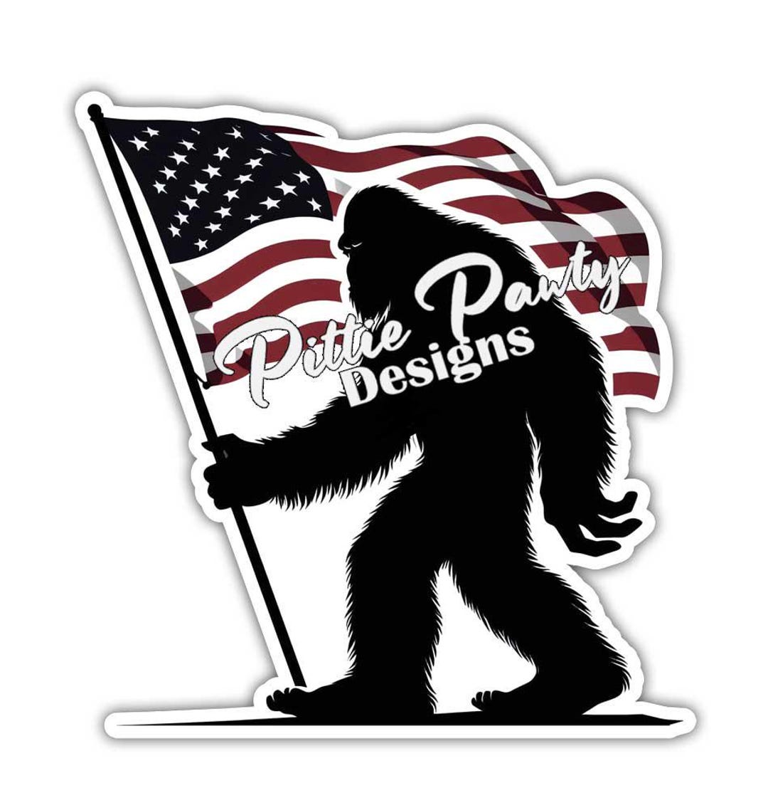 Sasquatch Sticker - American Sasquatch Holding Flag Bigfoot Sticker ...