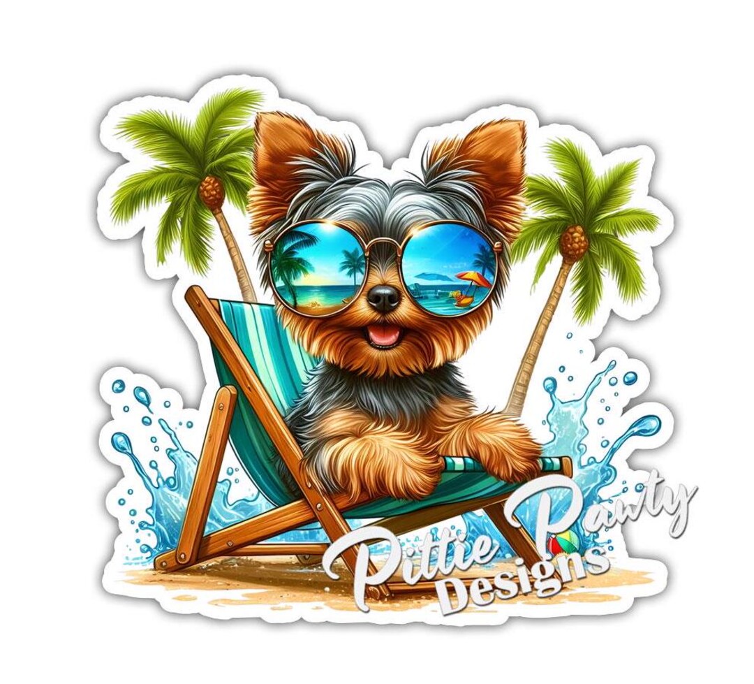 Yorkie Sticker - Peeking Yorkie Dog Sitting in Beach Chair Decal ...