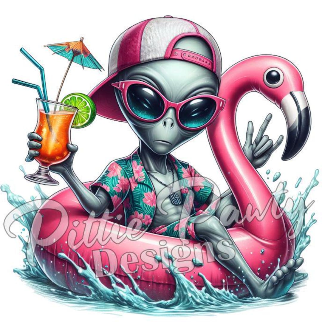 Alien PNG Digital Download - Tropical Alien Enjoying Drink in Flamingo ...