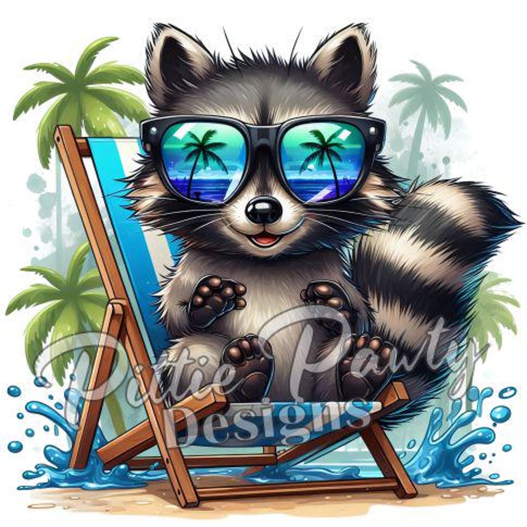 Raccoon PNG Digital Download - Happy Summertime Beach Raccoon Sitting ...