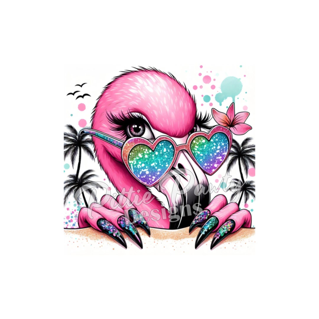 Flamingo PNG Digital Download - Prismatic Glitter Peeking Flamingo Bird ...