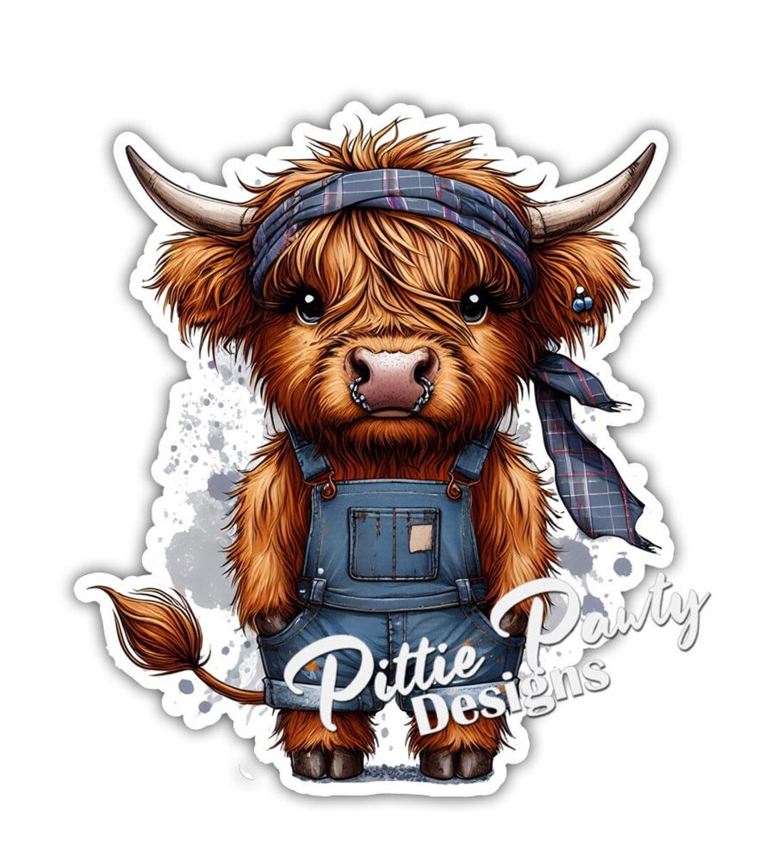 Highland Cow Sticker - Highland Cow Farmer Jean Overalls Decal Sticker ...