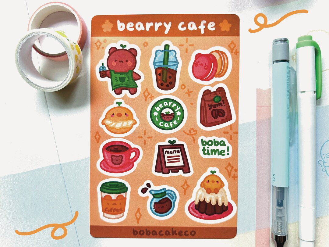 Beary Cafe Sticker Sheet | Coffee Boba Sticker - Kawaii Laptop Decal ...