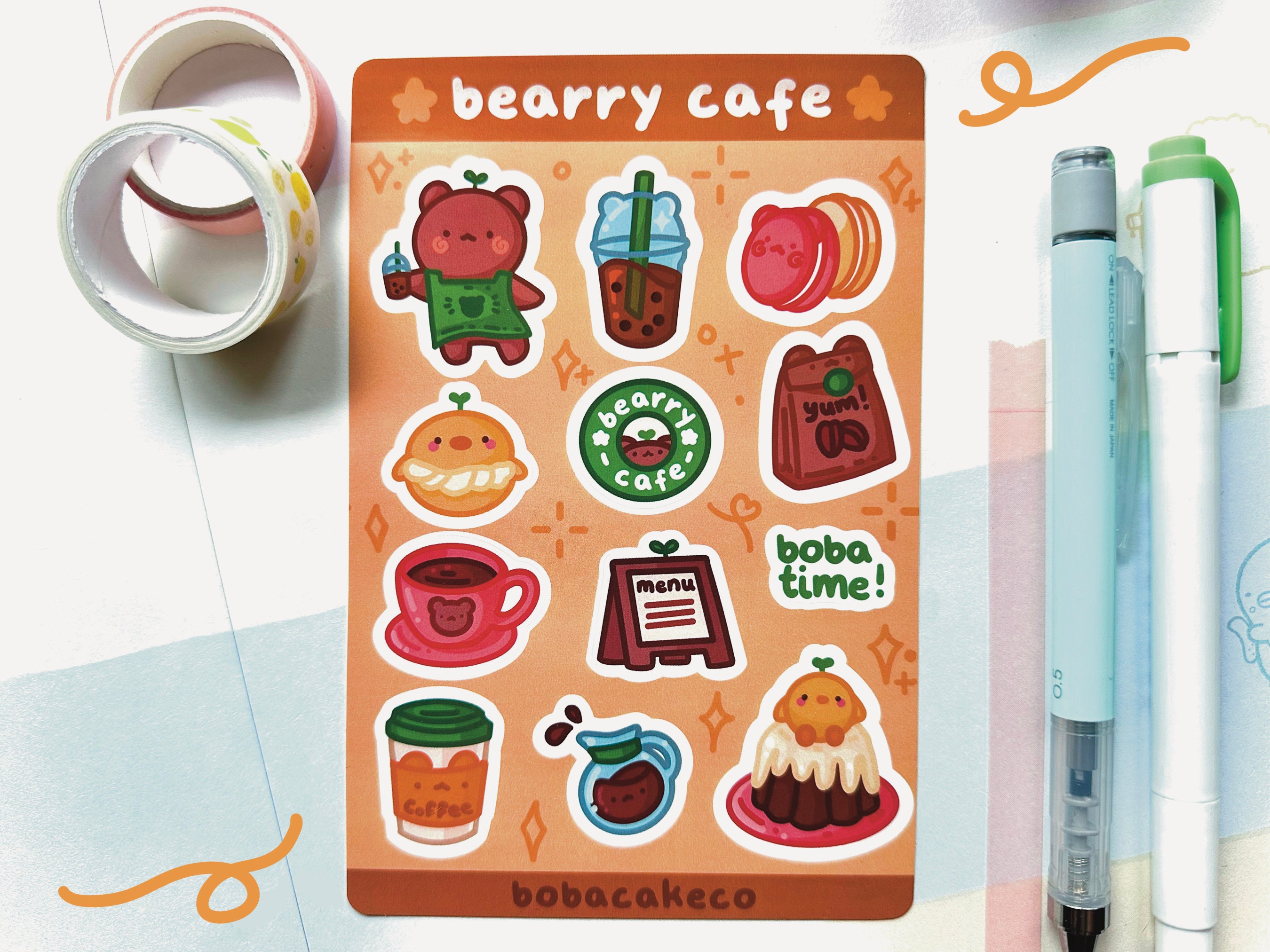 Beary Cafe Sticker Sheet | Coffee Boba Sticker - Kawaii Laptop Decal ...