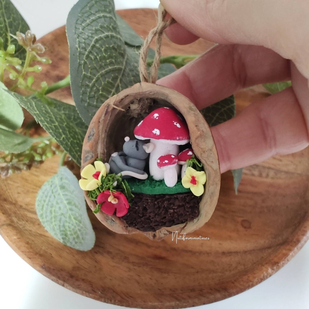Half Walnut Shell, Sleepy Mouse Miniature. Collectable Walnut Diorama ...