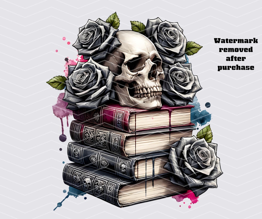 Skull and Book Stack, Gothic Romance Book Morally Grey Clipart Shirt ...