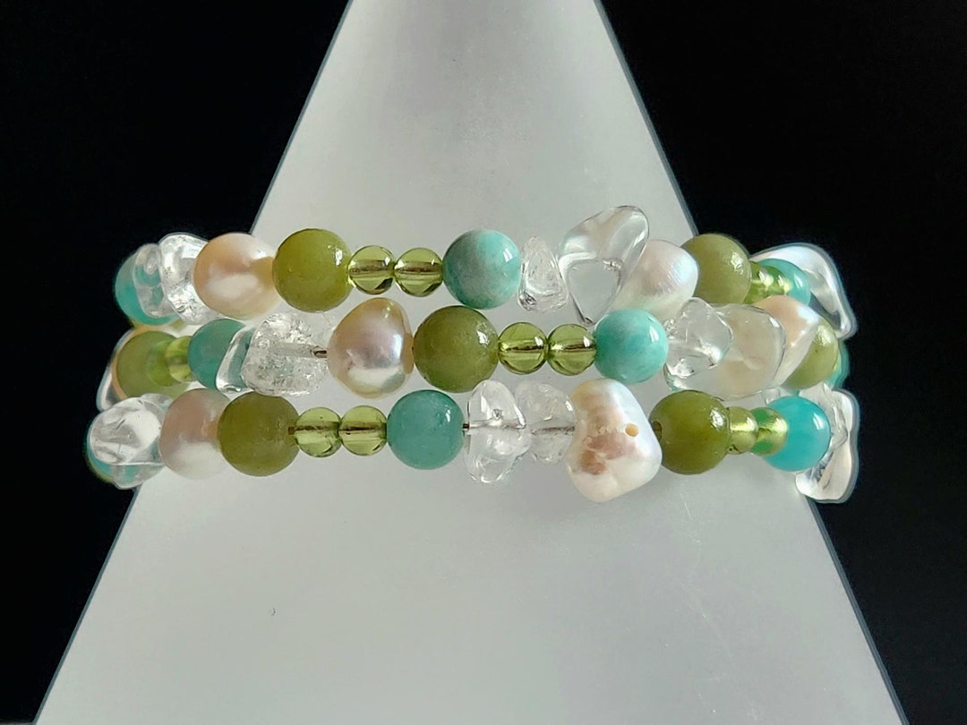 Serpentine, Pearl, Amazonite, Peridot & Quartz Memory Wire Bracelet - Etsy