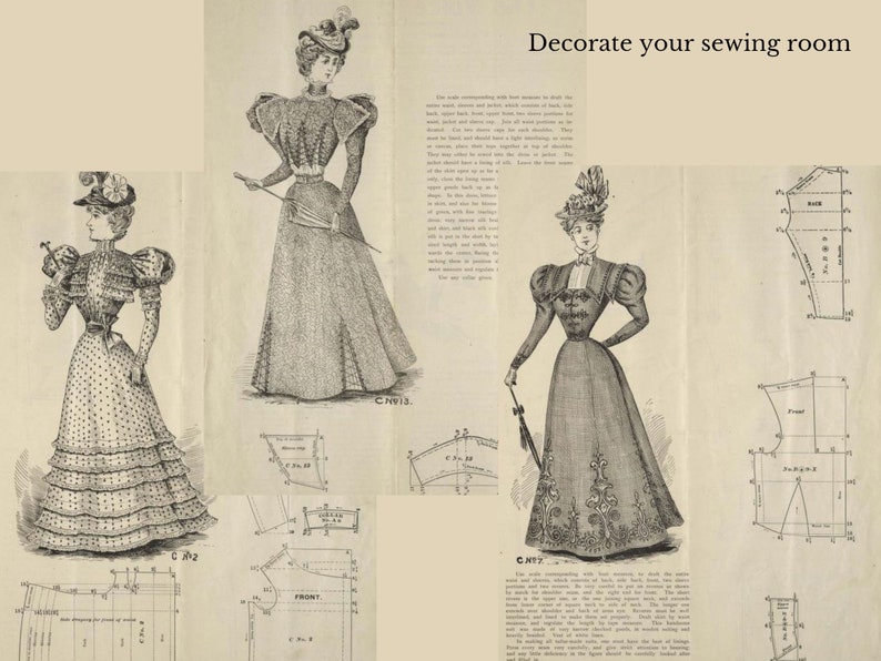 Vintage Dress Pattern Illustrations 1800s, Junk Journals, Scrapbooking ...