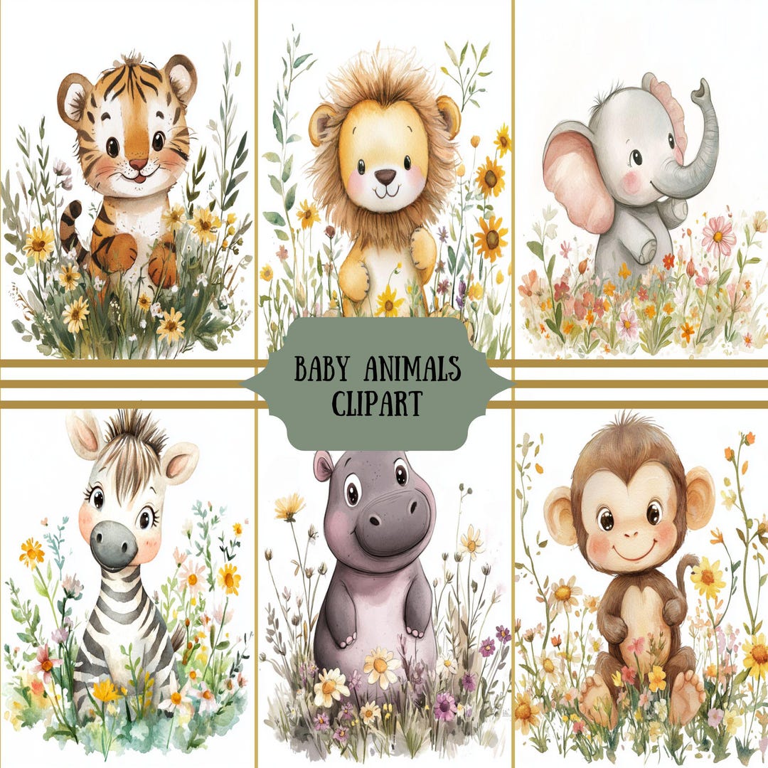 Safari Baby Animals Clipart Watercolor Baby Animal for Nursery Decor ...