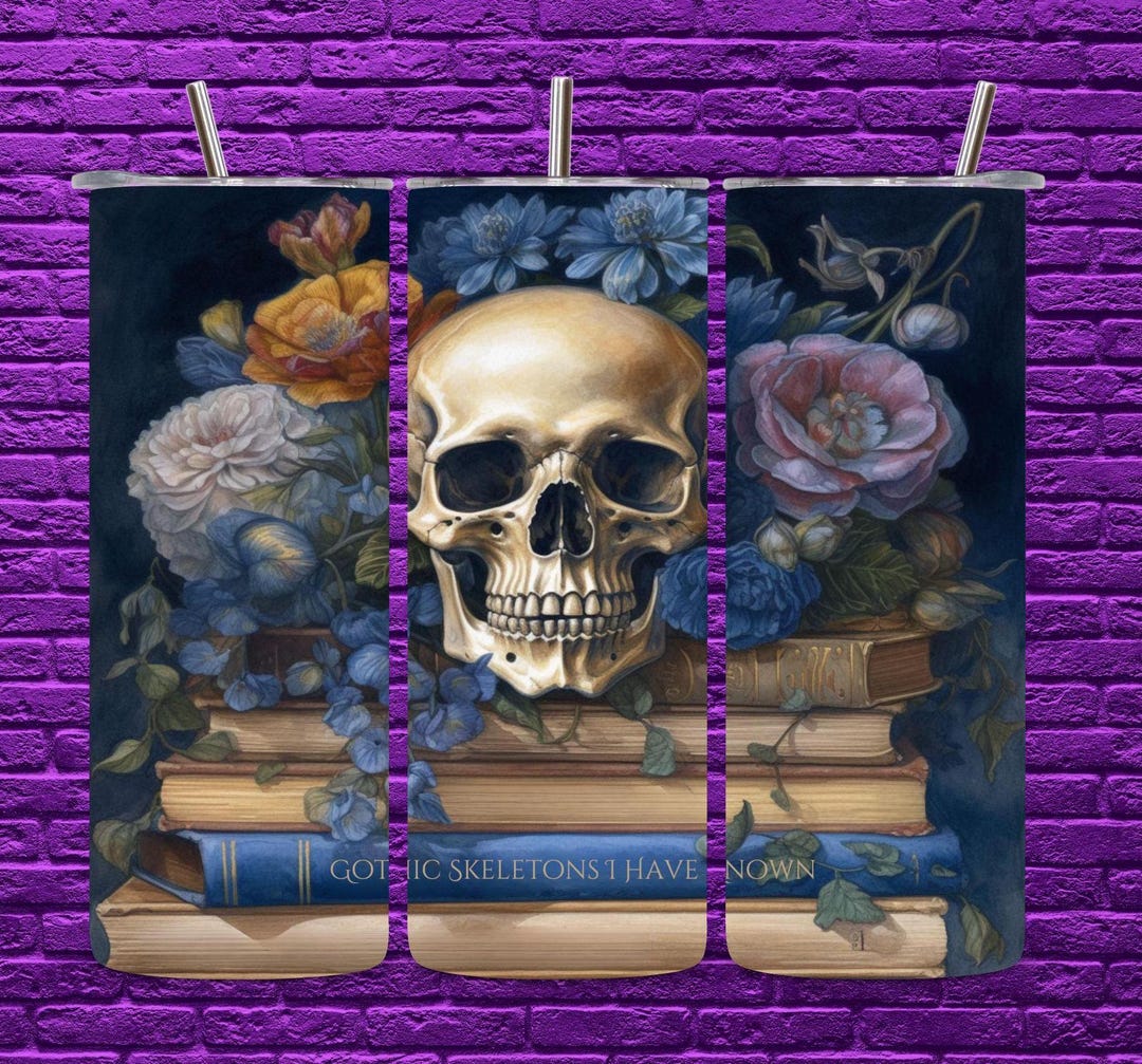 Gothic Skeleton Bookstack With Flowers, 20 Oz Skinny Tumbler Wrap, Perfect for Halloween ...