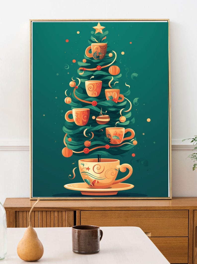 Coffee Cup Christmas Tree Art: Whimsical Holiday Decor (digital ...