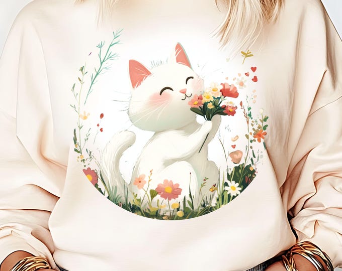 Cute Cat Floral Spring Clipart Kawaii Cat PNG Bundle Set Spring Season ...