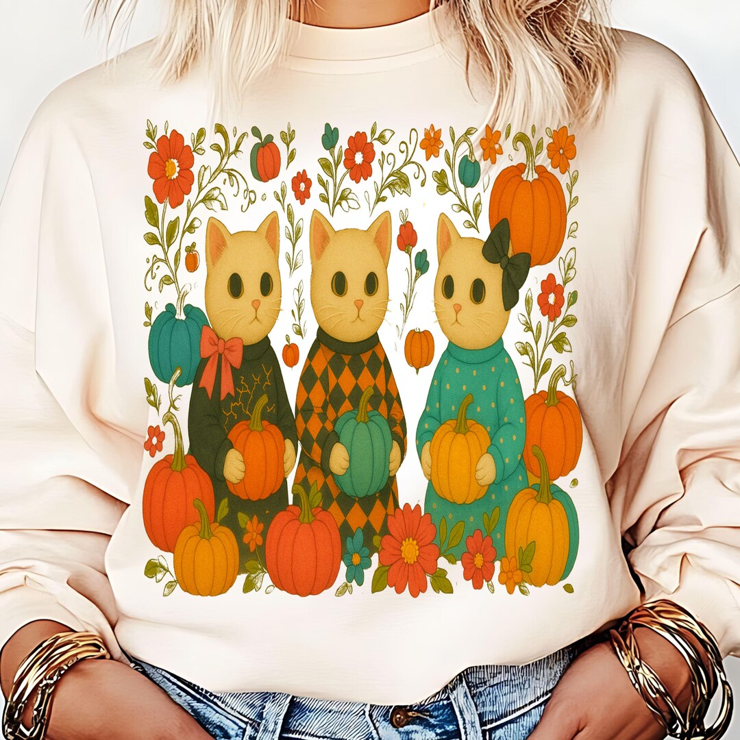 Fall Cats Clipart PNG: Vintage Halloween Cat Illustration for POD and ...