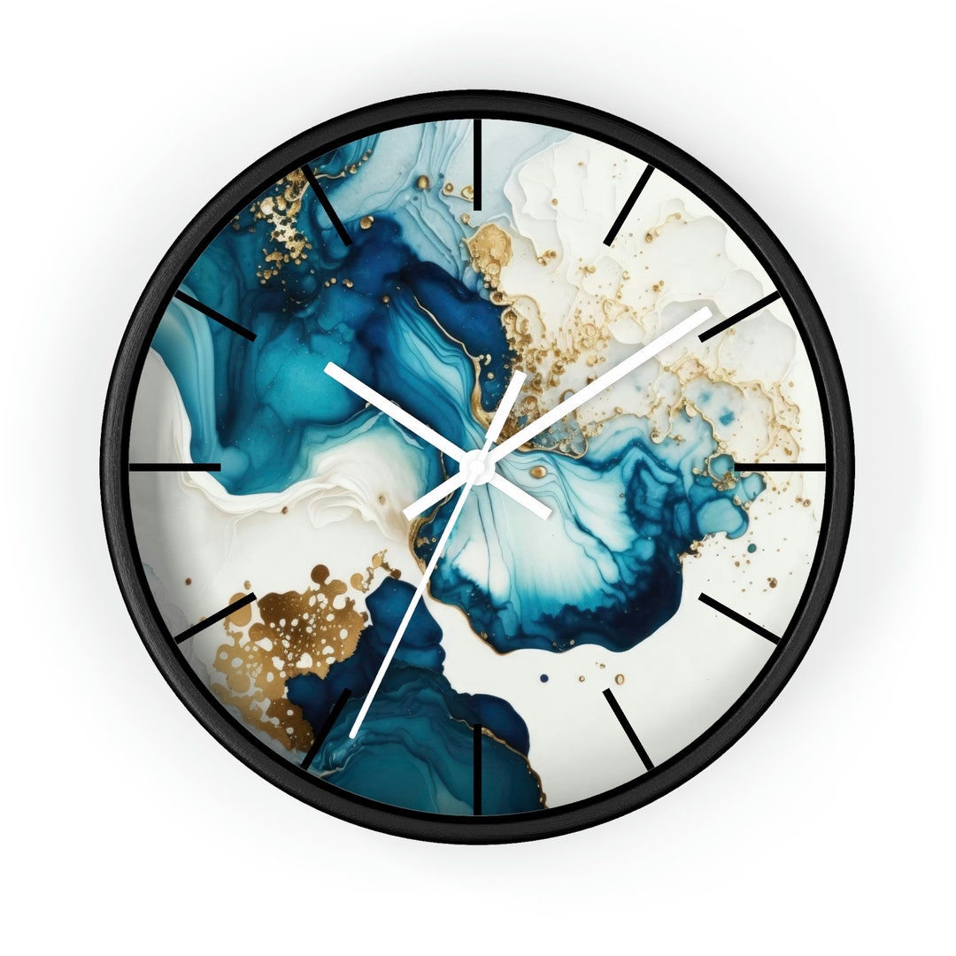Wall Clock Modern Sleek Blue Tone Wall Art Clock Alcohol Ink Art Clock ...