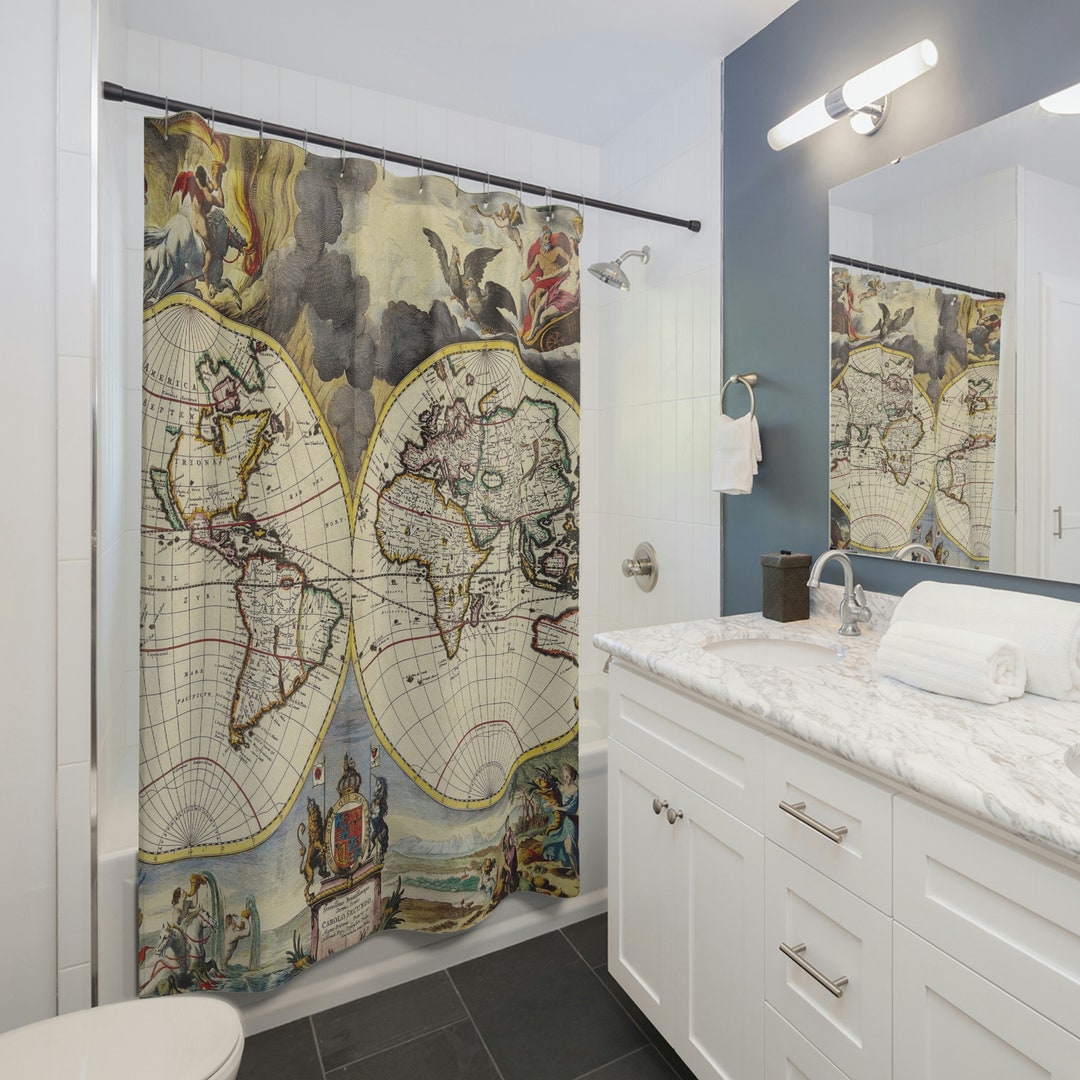 Antique World Map Shower Curtain, Rustic, Map Decor, Tasteful, Vintage ...