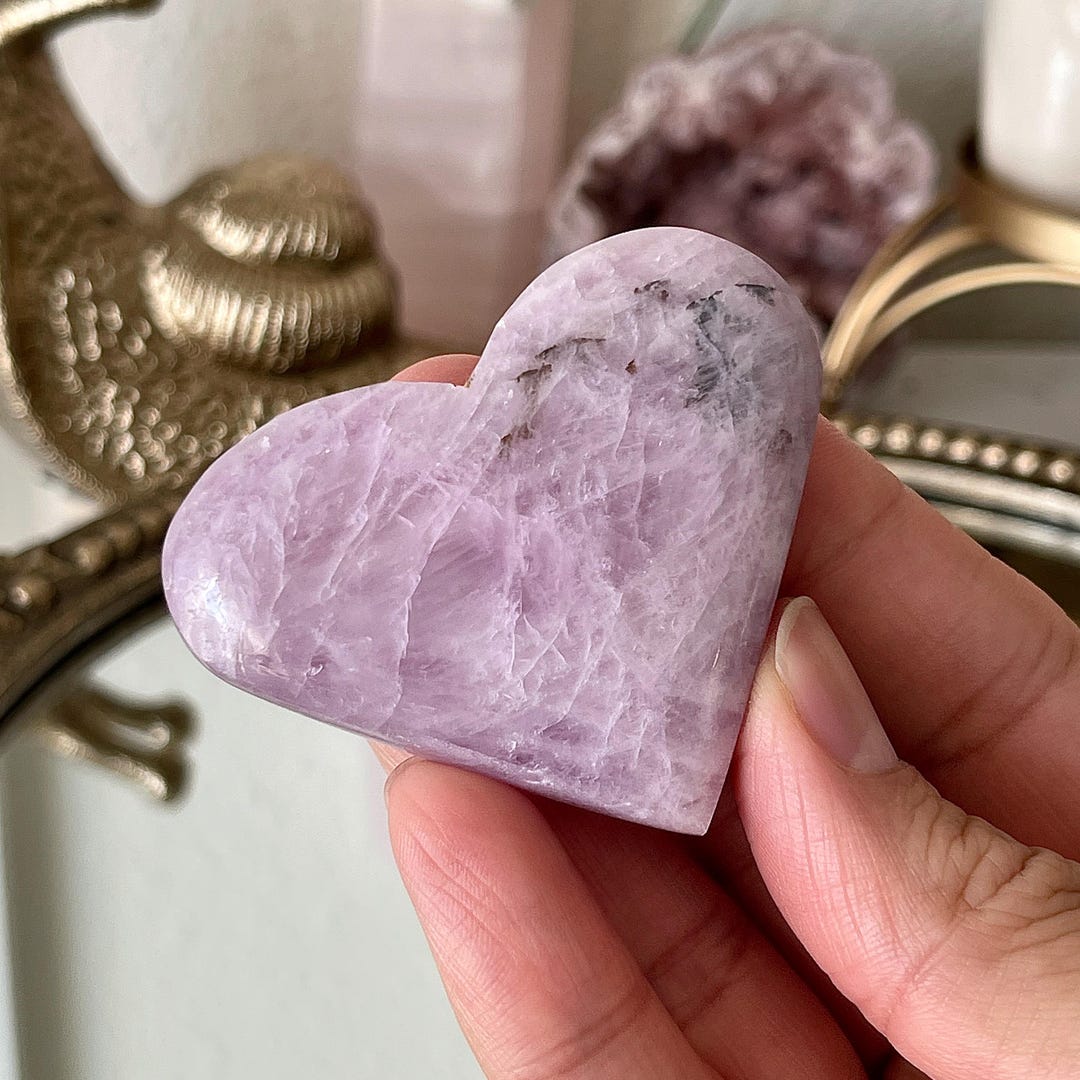 Purple Kunzite Heart Palm Gemstone: Polished Spodumene Crystal ...