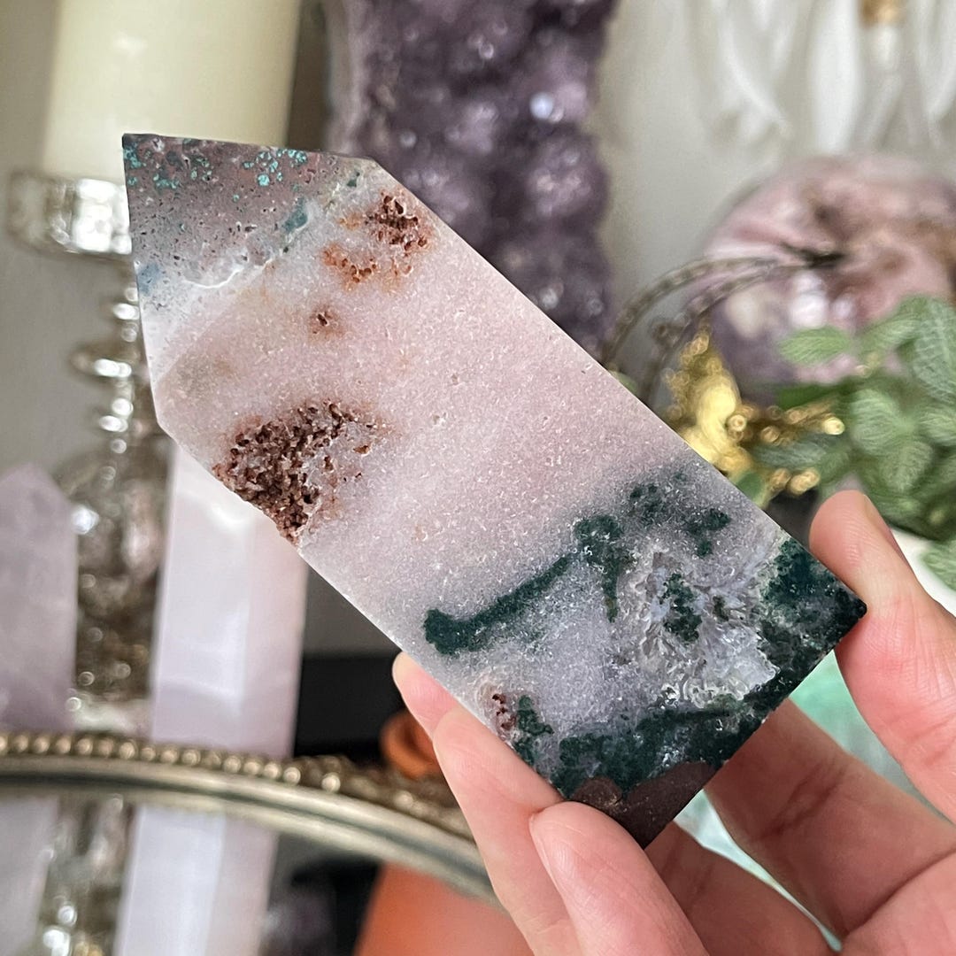 Large Sparkling Pink Amethyst Tower Green Jasper Chunky Obelisk Crystal ...