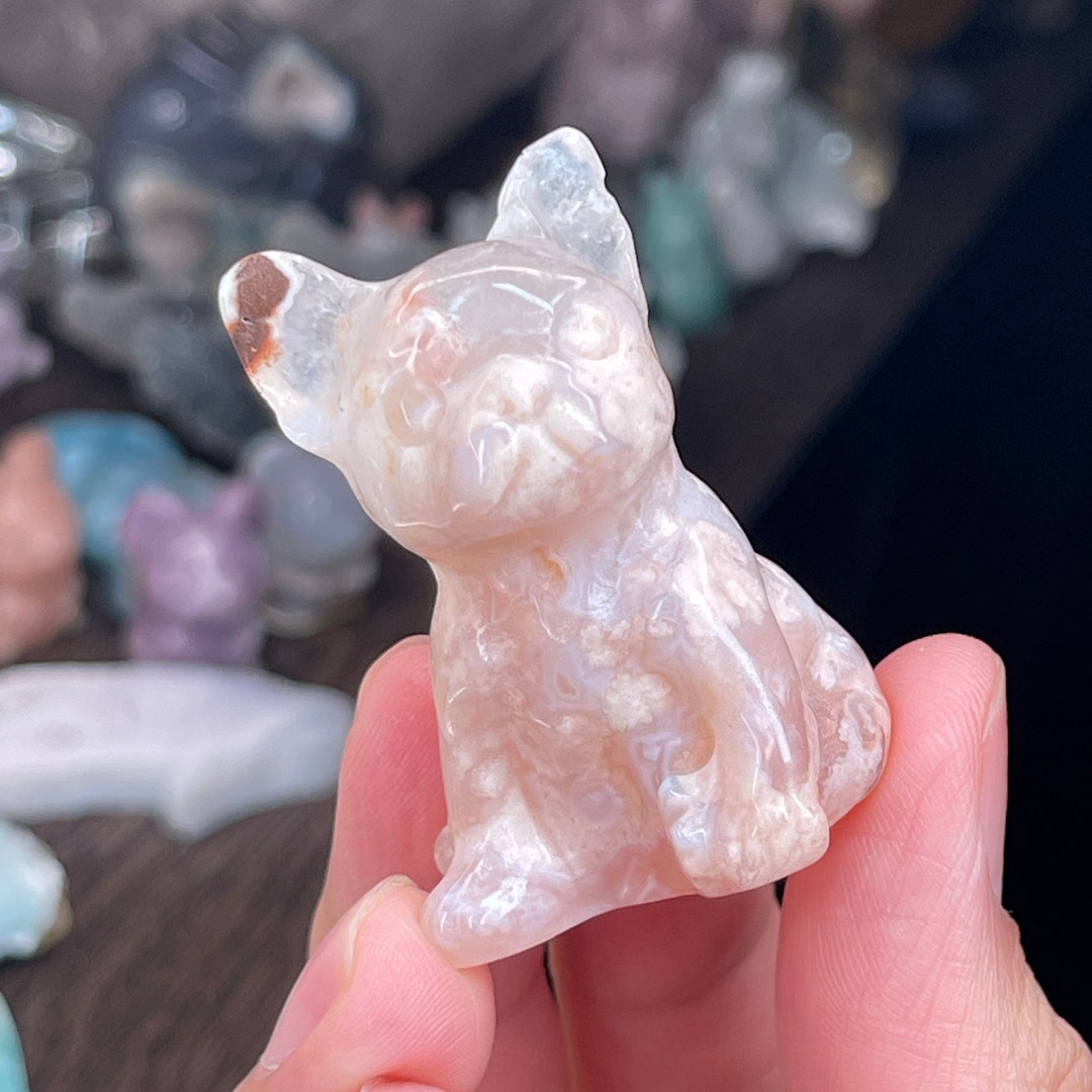 Flower Agate Frenchie Bull Dog Crystal Puppy Carving Blue Flower Agate ...