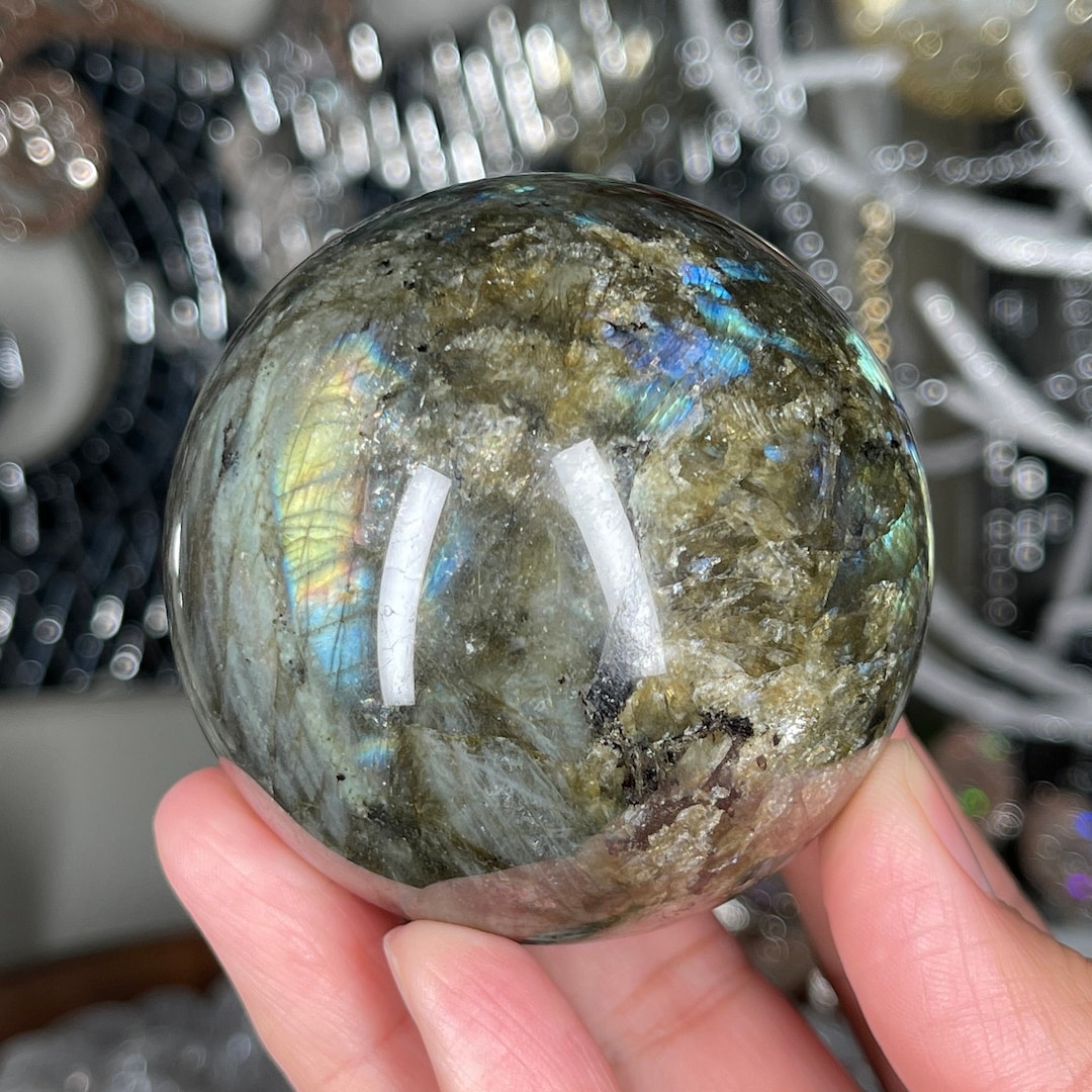 Labradorite Crystal Sphere Blue Flash Mineral Sphere Gold Flash Rainbow ...