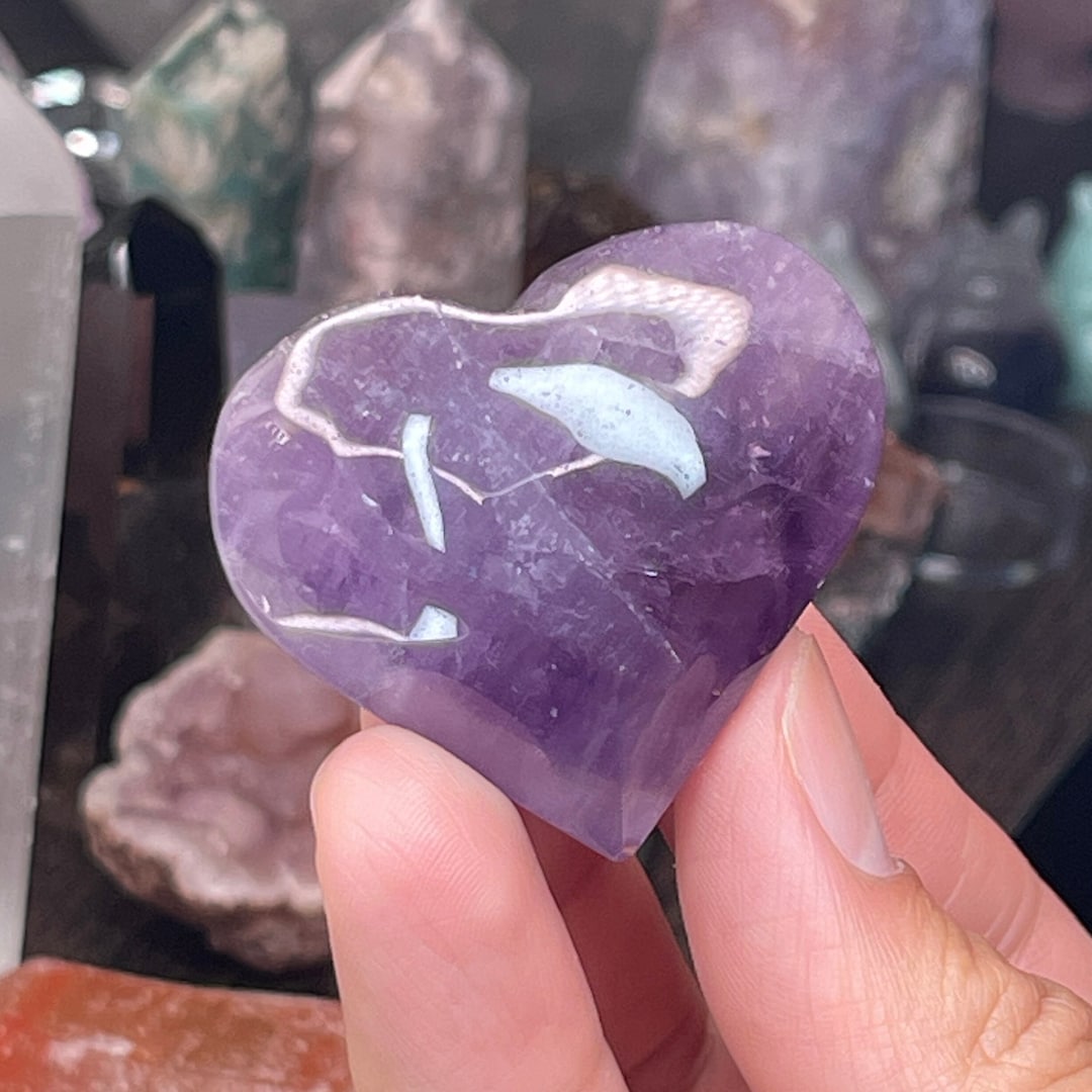 Hand Carved Puffy Amethyst Heart Crystal Brazil Amethyst Purple Crystal ...