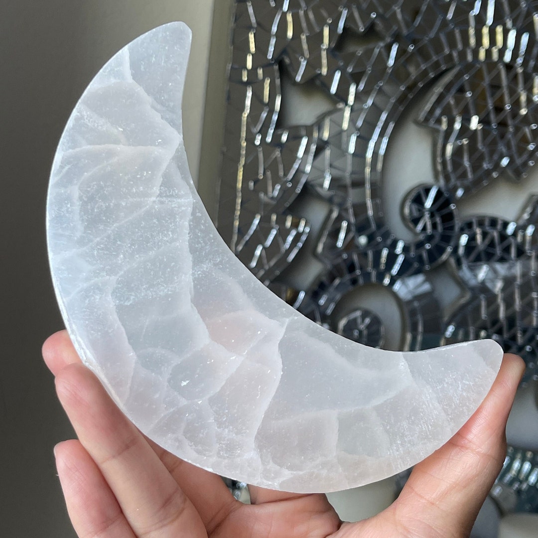 XL Satin Spar Selenite Crescent Moon Plate Crystal Luna Satin Spar Moon ...