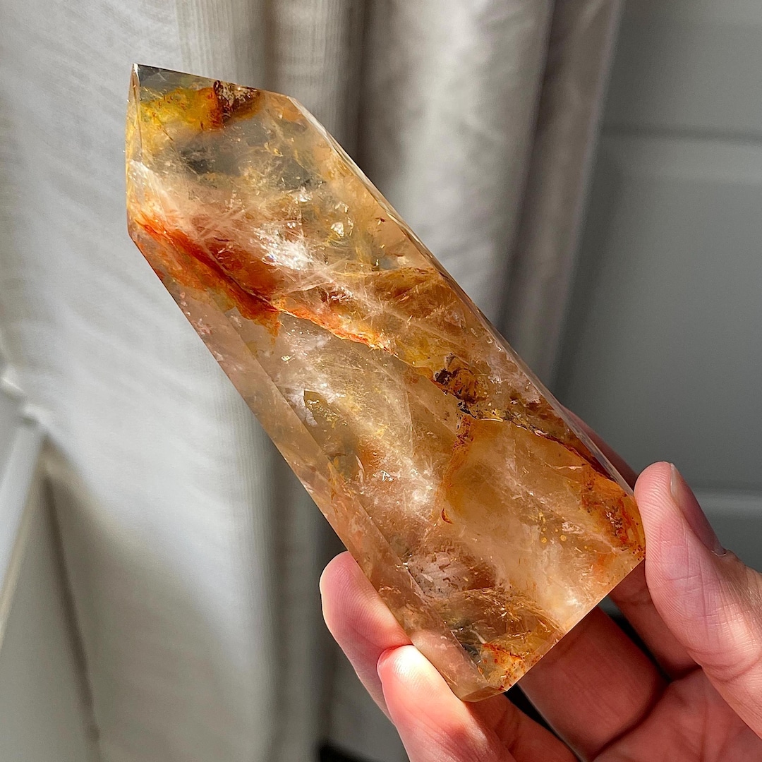 Brazil Red Hematoid Golden Healer Tower Crystal Golden Healer Faceted ...